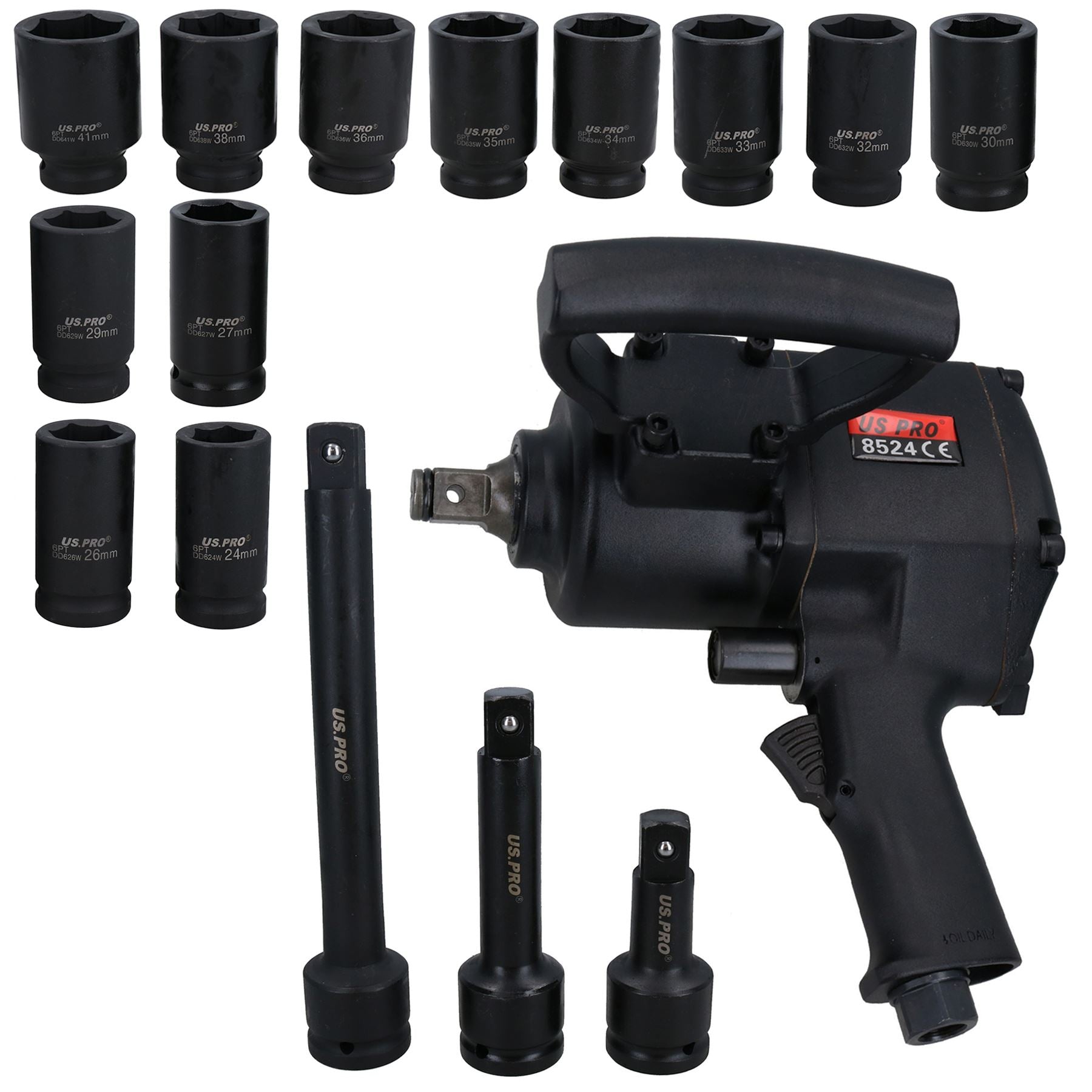 3/4” Drive Air Impact Wrench Gun 1800 Nm + 12 Sockets 24 – 41mm + Exte ...